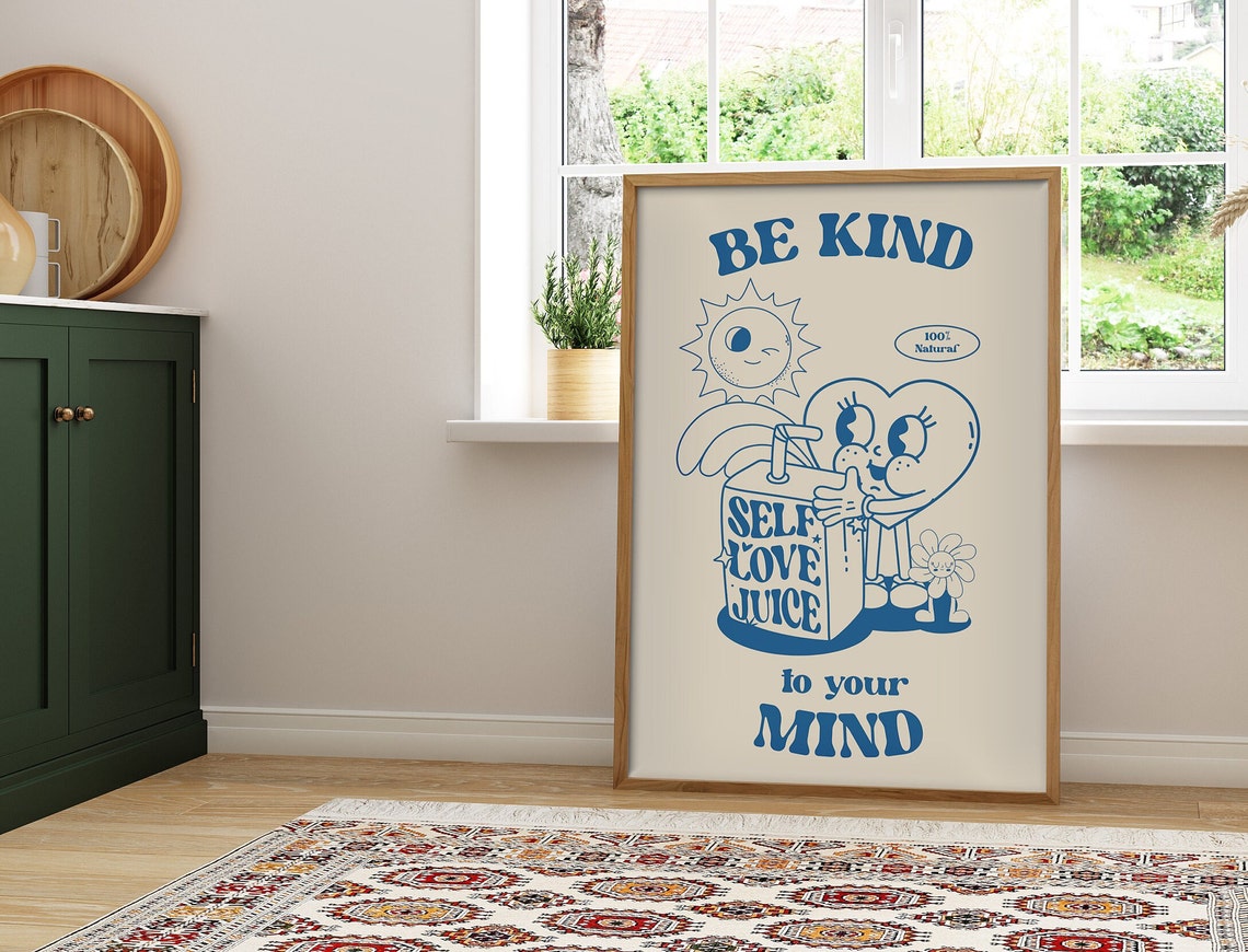 Be Kind to Your Mind Art, 70s Retro Groovy Art, Blue Ink Drawing Retro ...