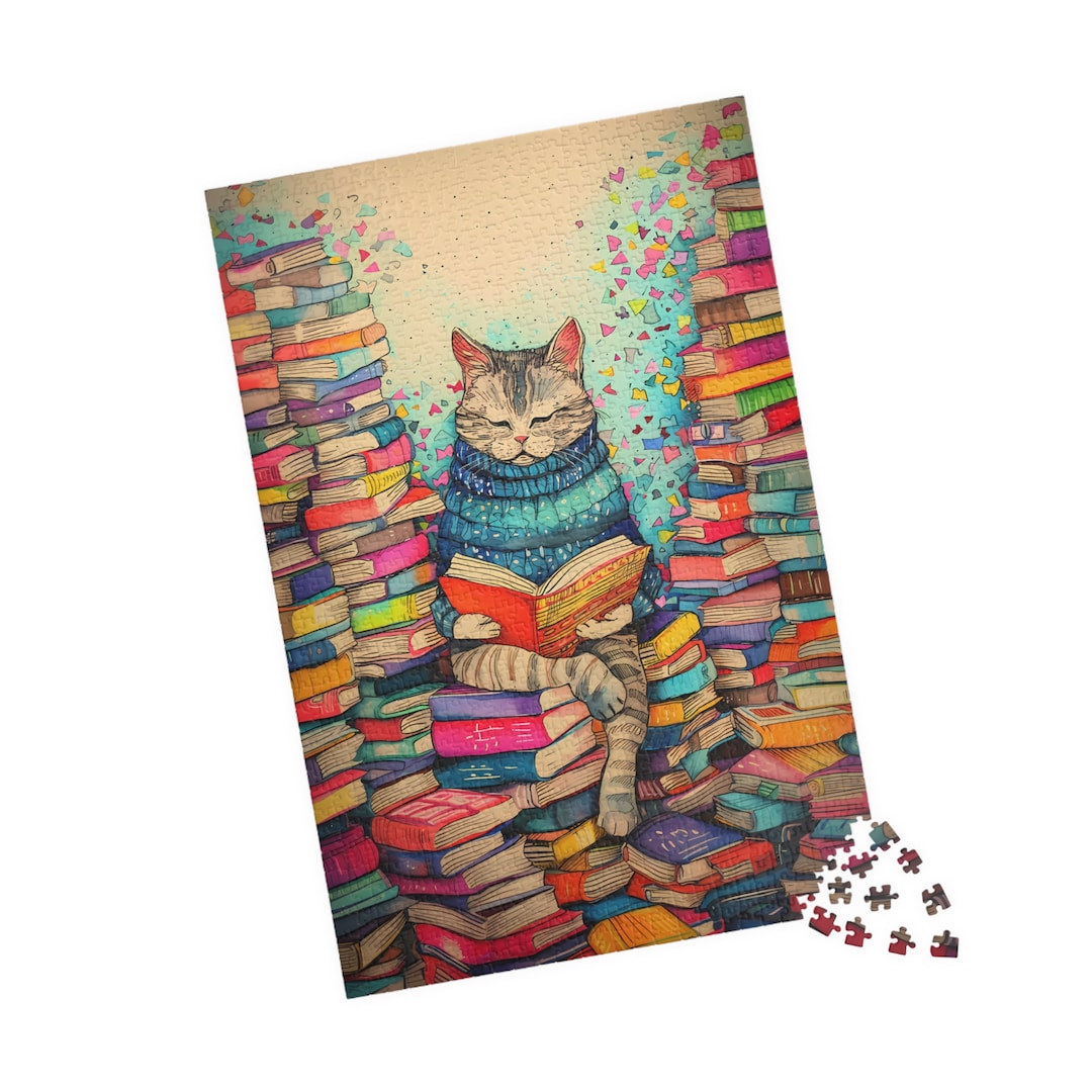 Puzzle, Cat Book Jigsaw Puzzle, Gift for Cat Lover, Gift for Bookworm ...