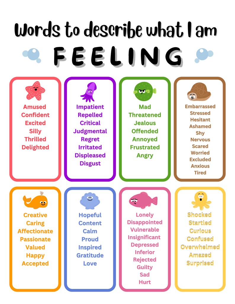 PRINT AT HOME. Children Feelings Chart. Ocean Theme Feeling Characters ...