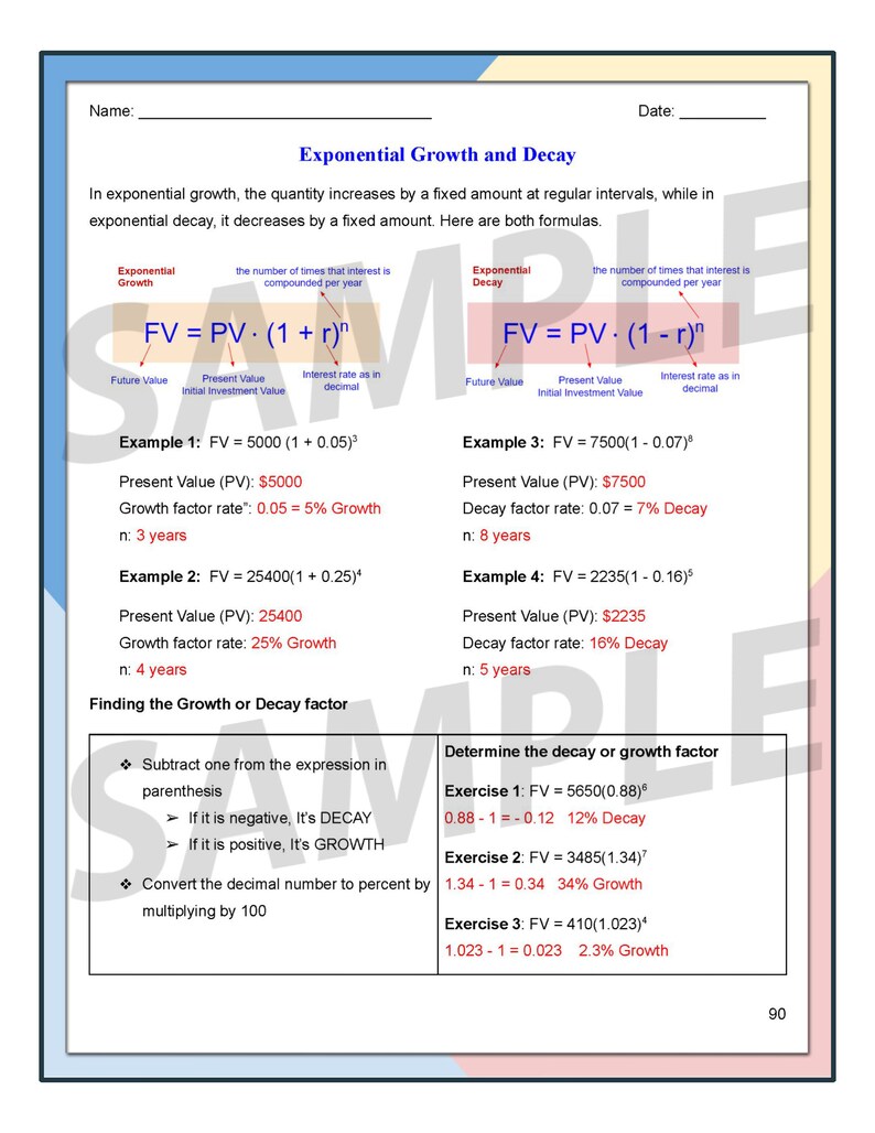 Algebra 1 Exponential Growth and Decay and Compound Interest Instant ...