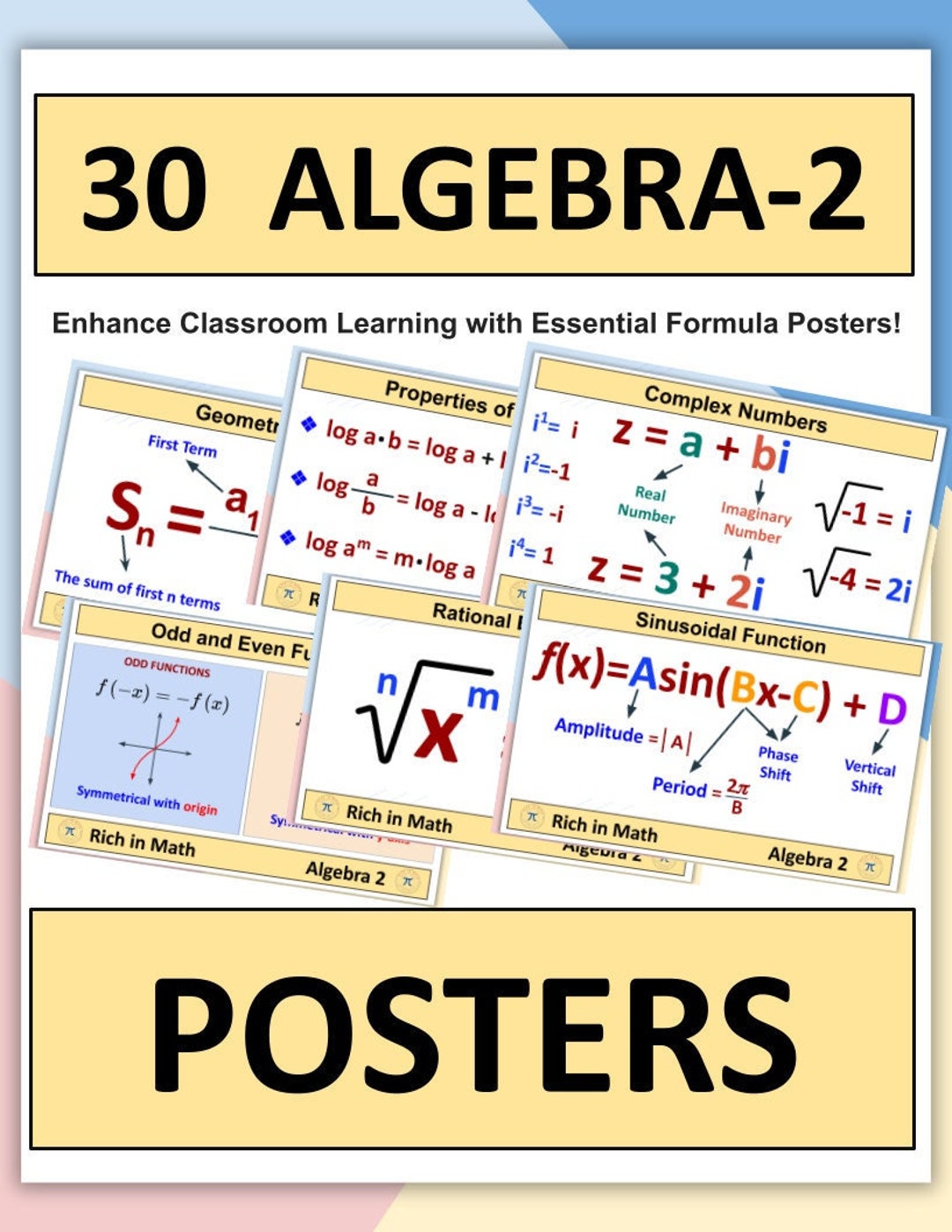 30 Algebra 2 Digital Posters Classroom Decoration for High School 17x11 ...
