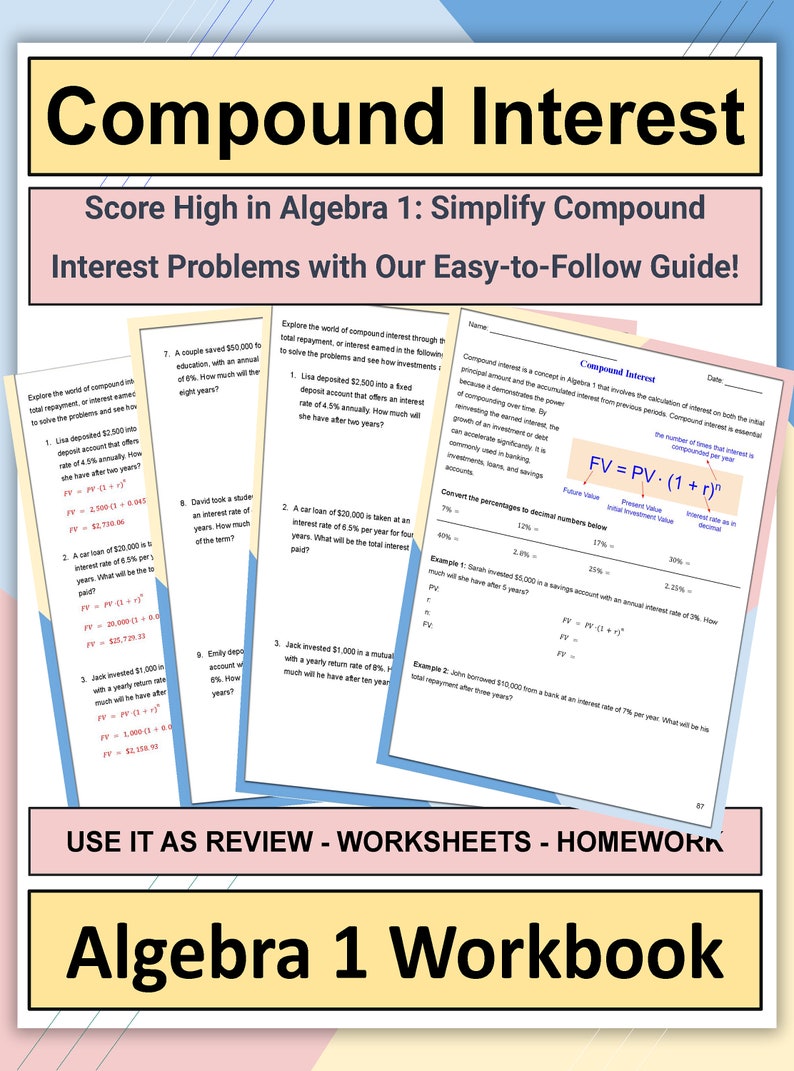 Algebra 1 Exponential Growth and Decay and Compound Interest Instant ...
