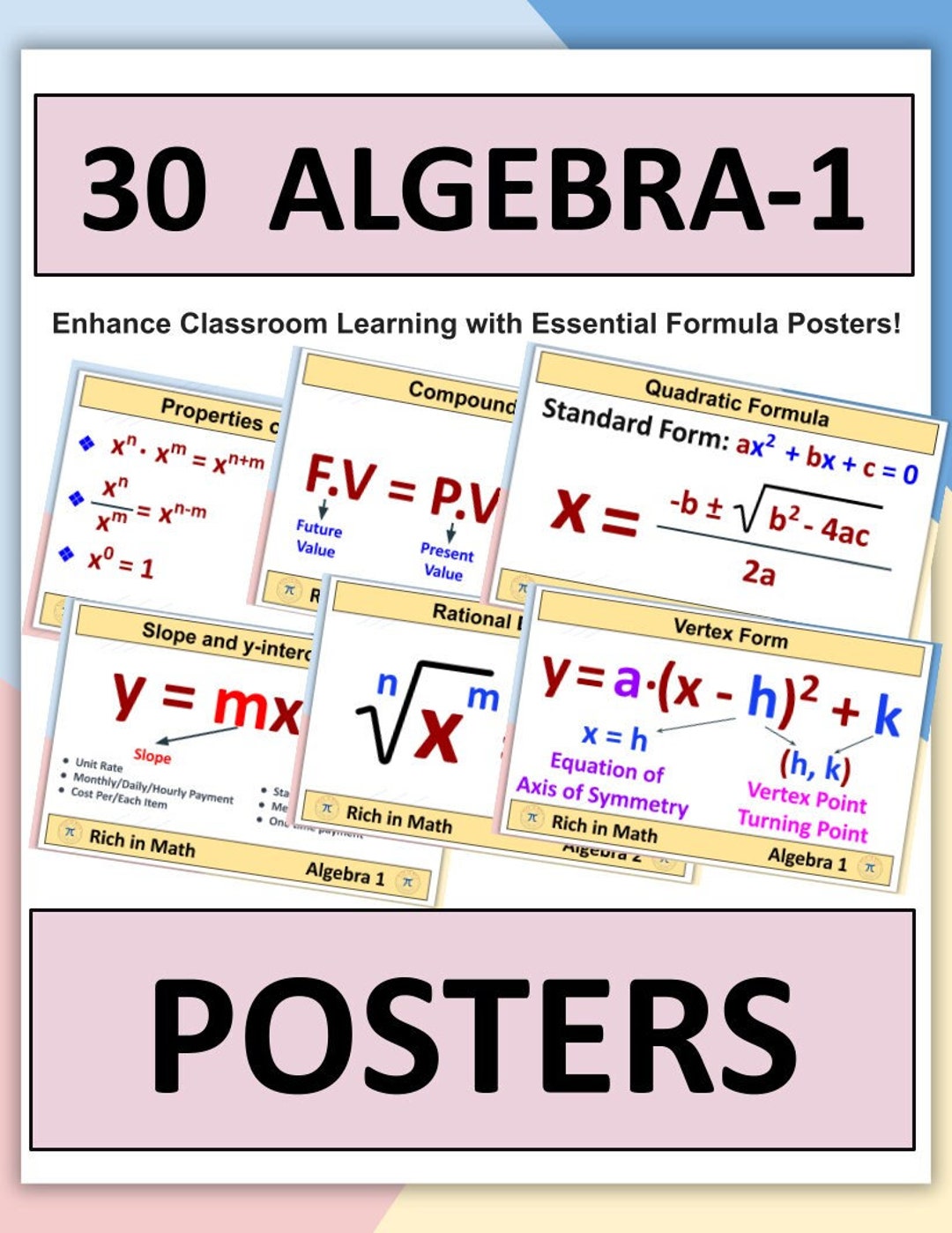 30 Algebra 1 Digital Posters Classroom Decoration for High School 17x11 ...