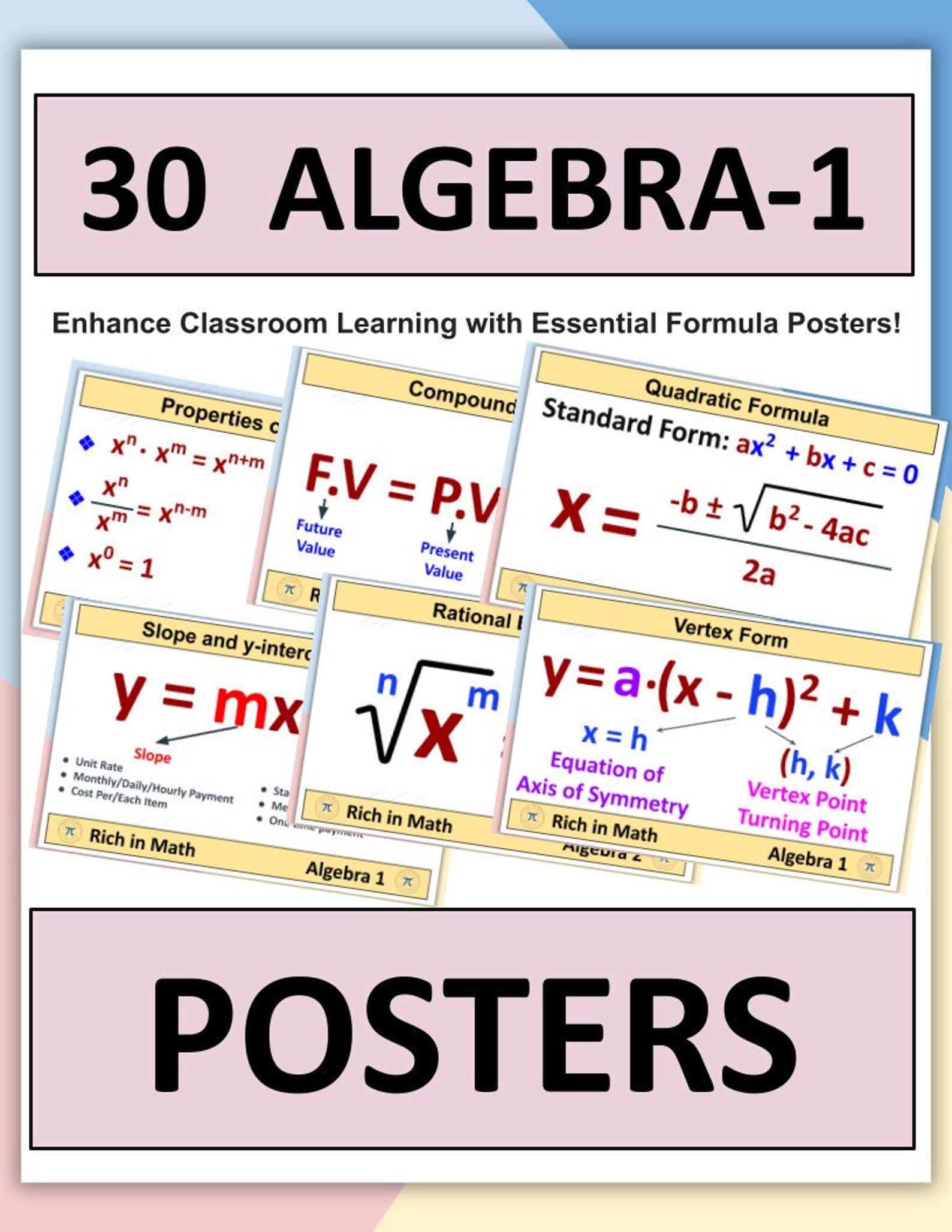 30 Algebra 1 Digital Posters Classroom Decoration for High School 17x11 ...