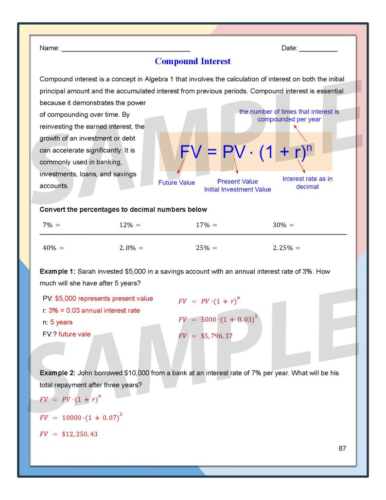 Algebra 1 Exponential Growth and Decay and Compound Interest Instant ...