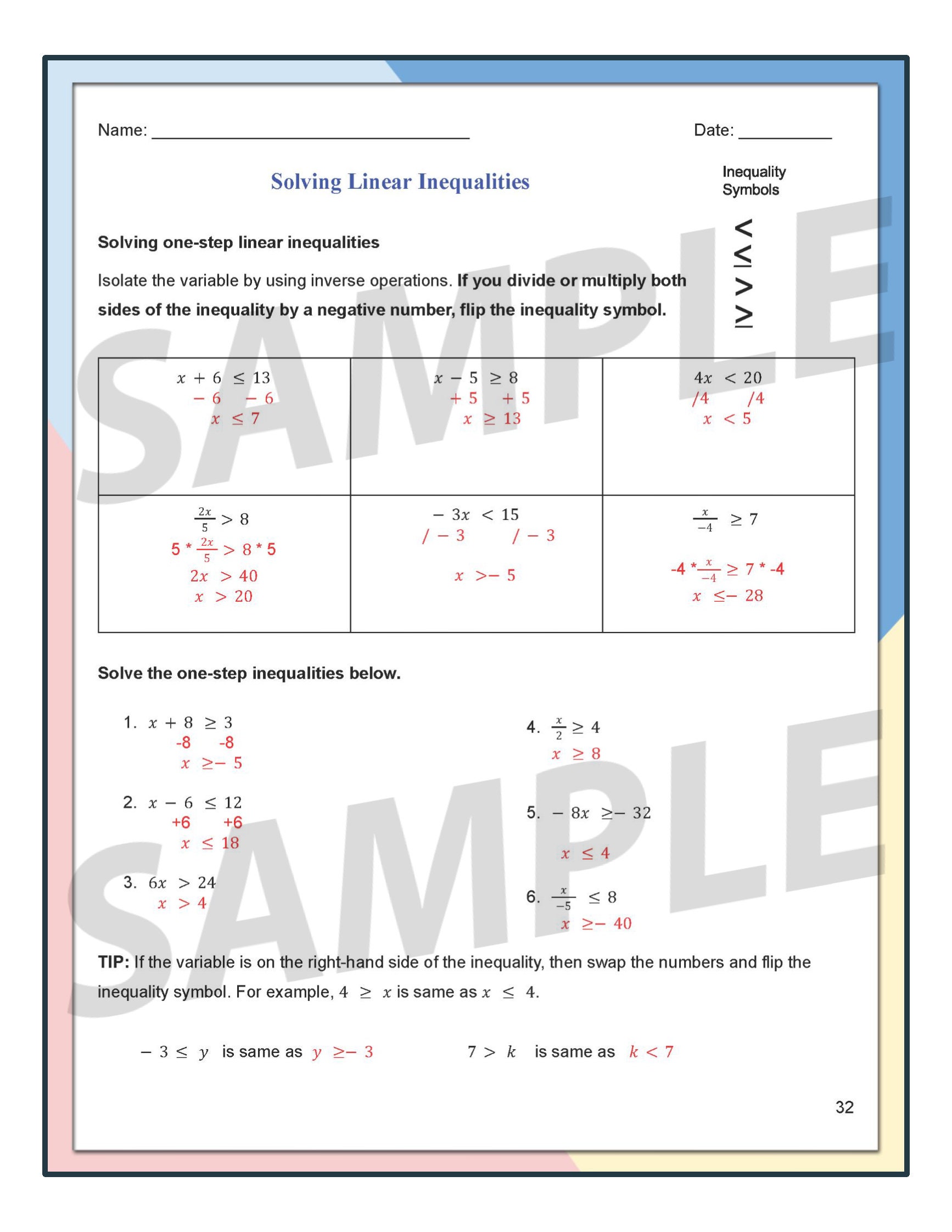 Algebra 1 - Workbook - Solving Linear Equations and Inequalities ...