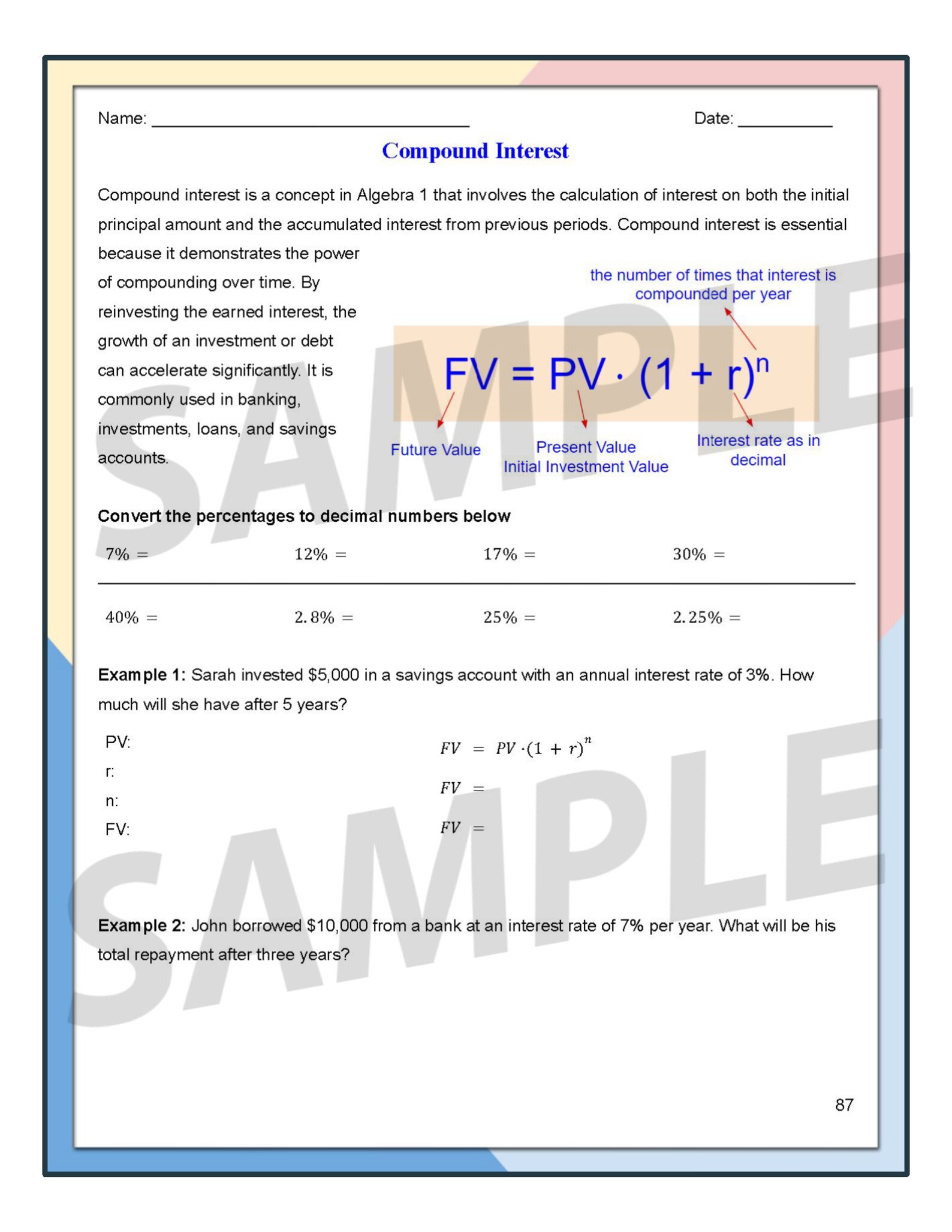 Algebra 1 Exponential Growth and Decay and Compound Interest Instant ...