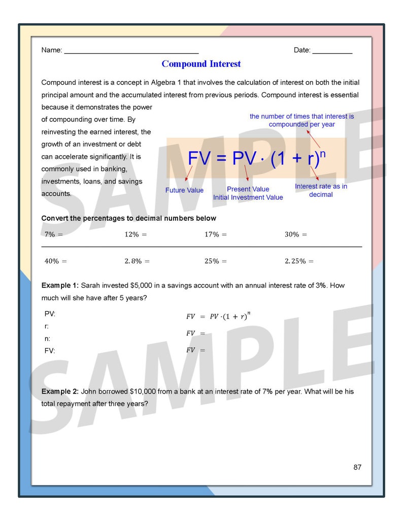 Algebra 1 Exponential Growth and Decay and Compound Interest Instant ...