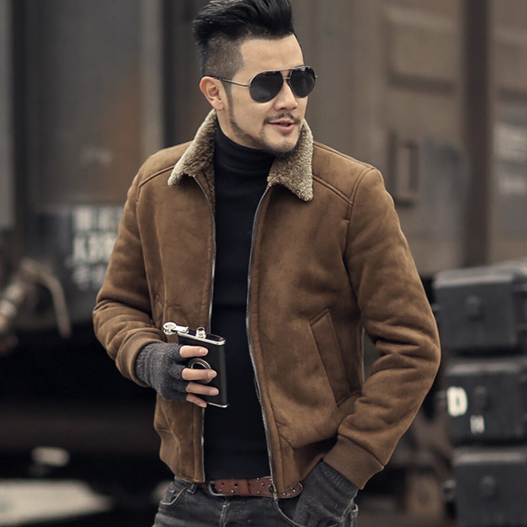 Brown Fur One Men's Fur Coat Jacket Lamb Hair Men's Fur Collar Jacket ...