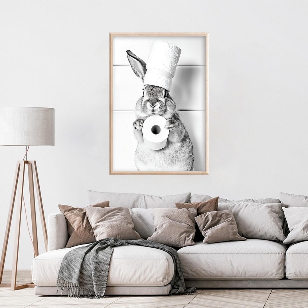 Bunny With a Toilet Paper Roll on Head, Funny Bathroom Wall Art ...