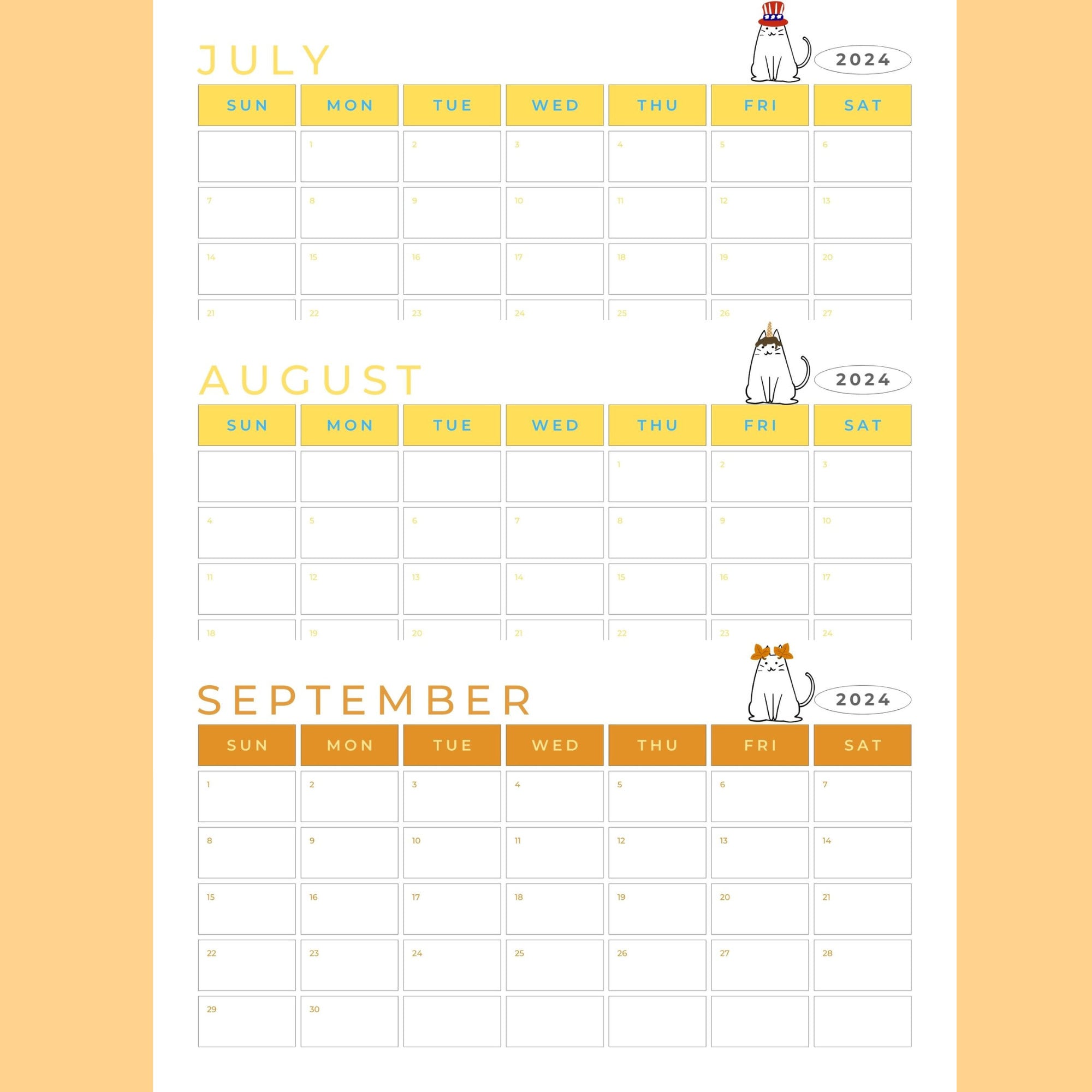 Cute Cat Calendar | Simple Printable Calendar 2024 | Monthly Planner ...