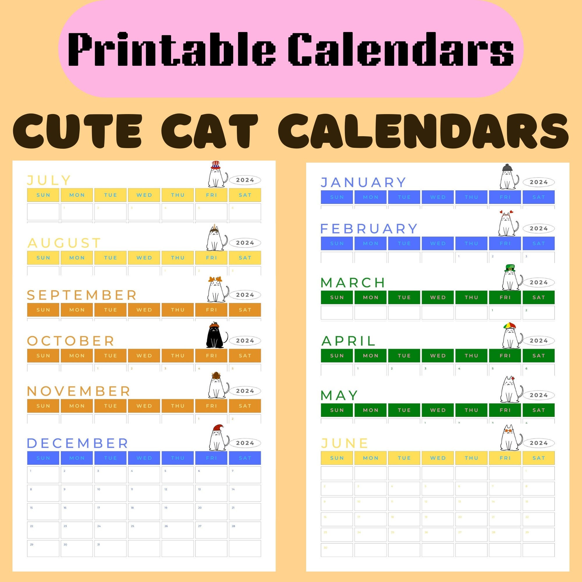 Cute Cat Calendar | Simple Printable Calendar 2024 | Monthly Planner ...