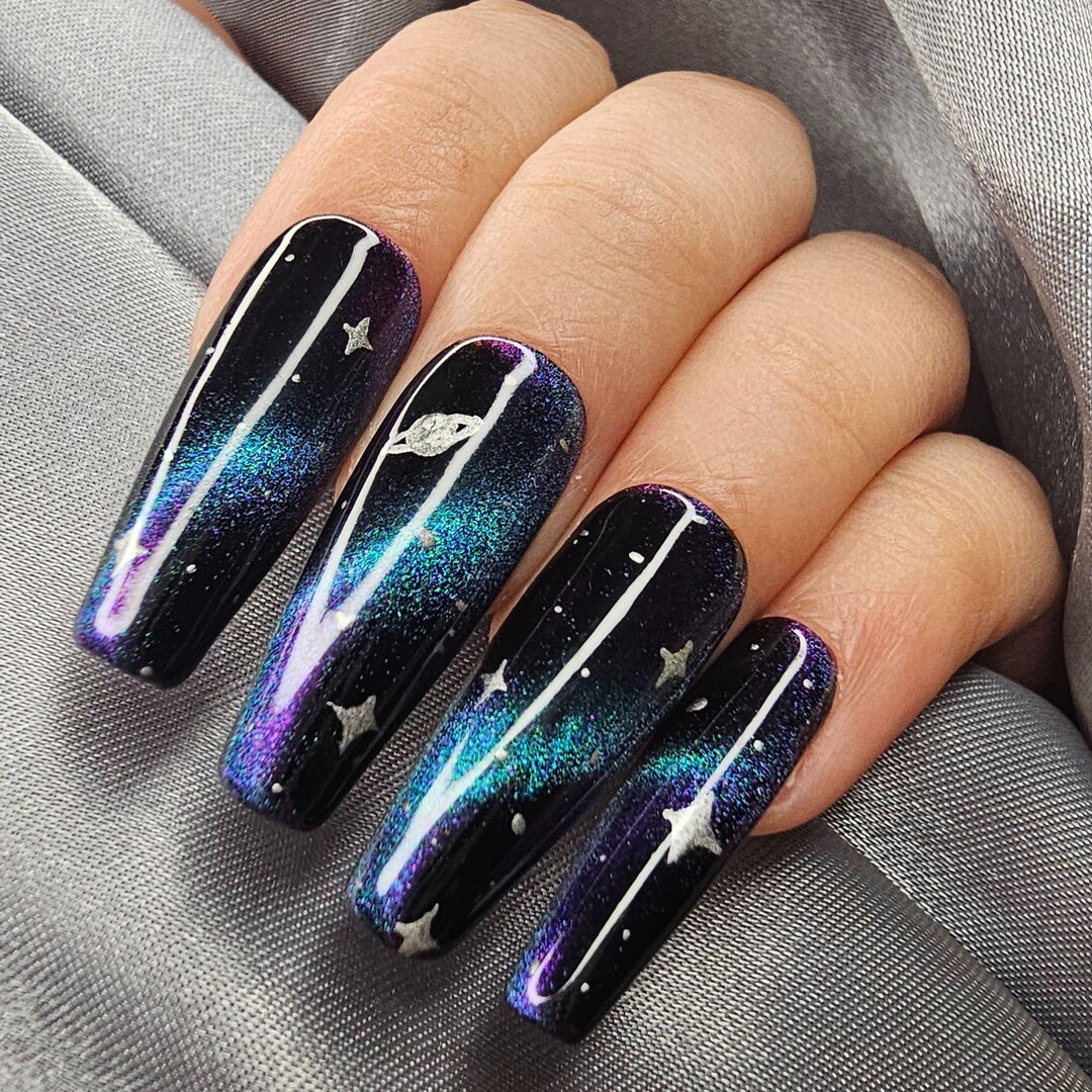 Galaxy Press on Nails Kit, Black Coffin Nails Press On, Cat Eye Effect ...