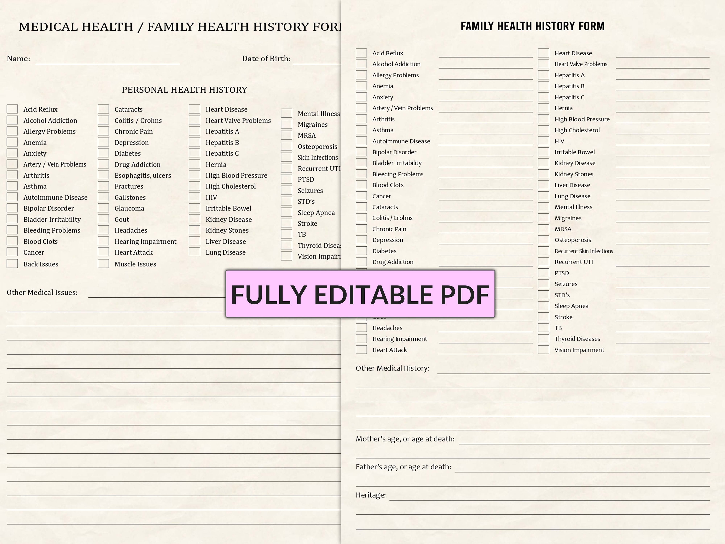 Medical Health History Form, Comprehensive Health Record, Family ...