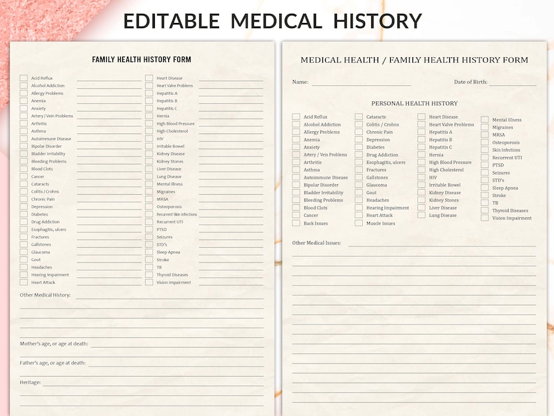 Medical Health History Form, Comprehensive Health Record, Family ...