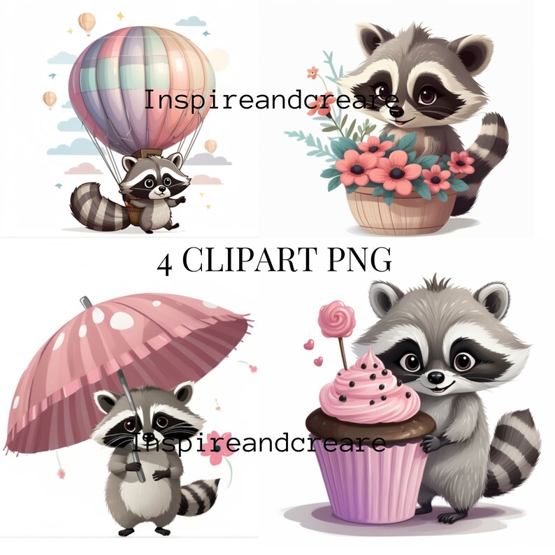4 Cute Raccoon Clipart PNG, Watercolor Woodland Animals, Baby Animals ...