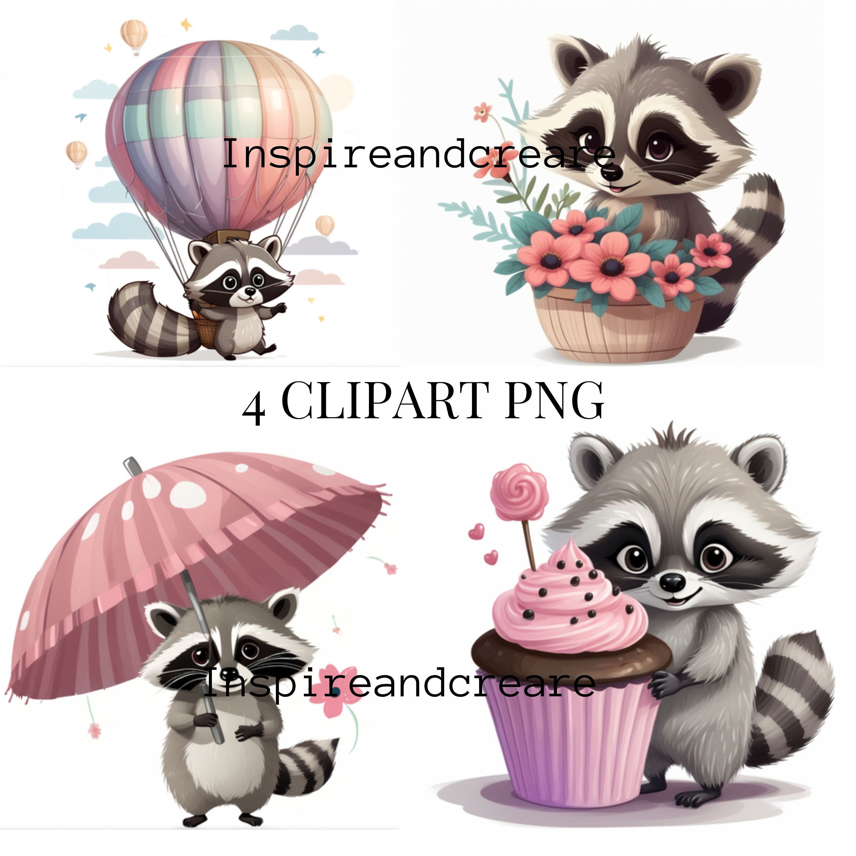 4 Cute Raccoon Clipart PNG, Watercolor Woodland Animals, Baby Animals ...
