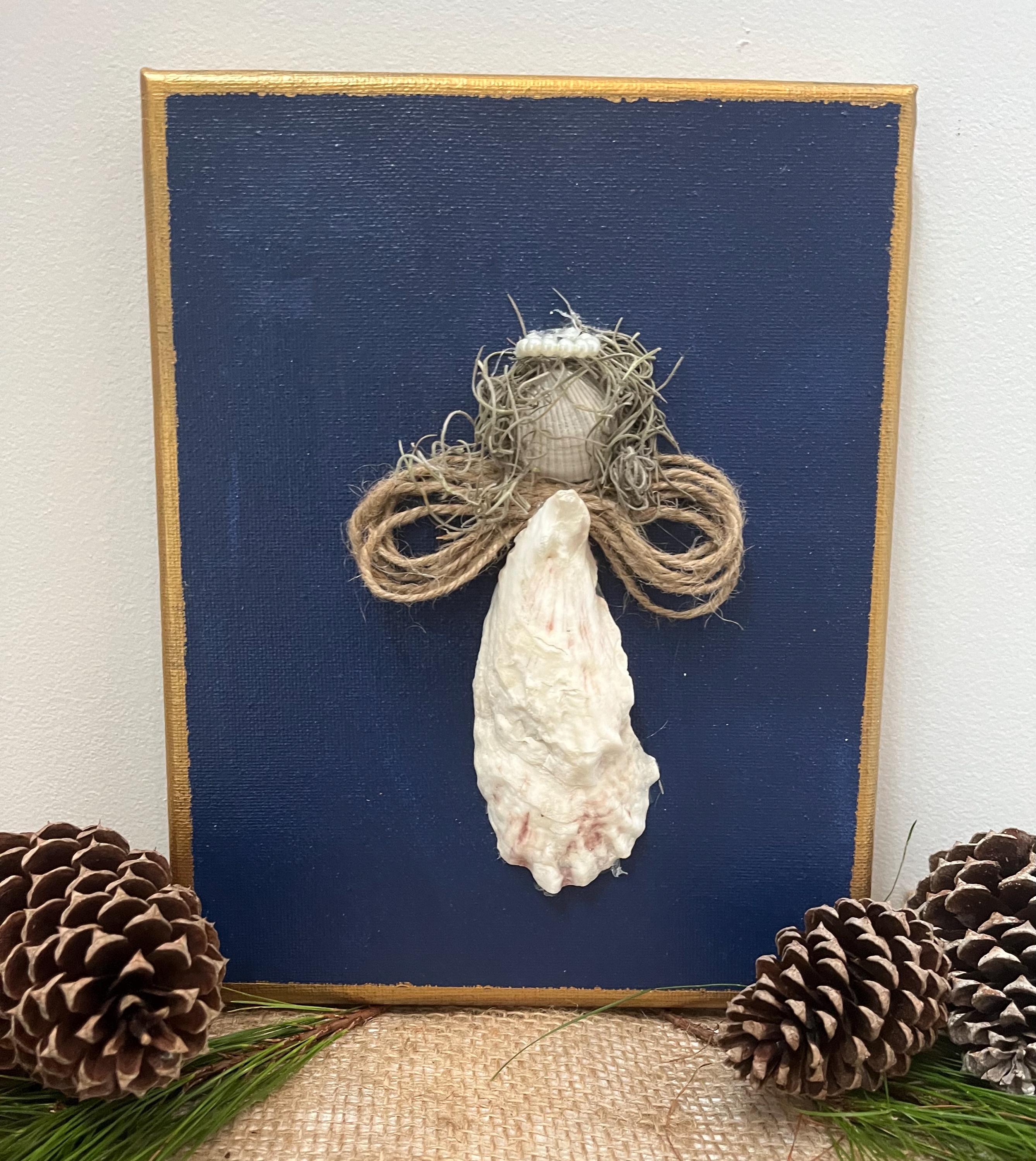 Oyster Shell Angel Mounted on an 8x10" Navy Canvas With a Gold Rim ...