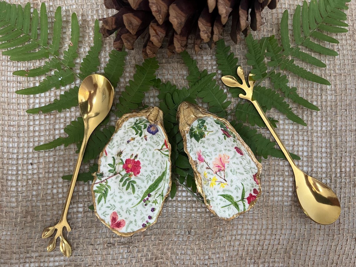 Oyster Shell Salt and Pepper Set With Spoons, Gilded and Decoupaged ...