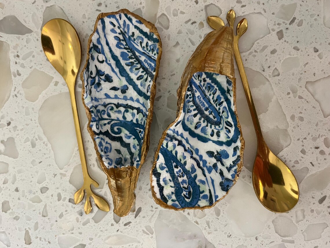Oyster Shell Salt and Pepper Set With Spoons, Gilded and Decoupaged ...