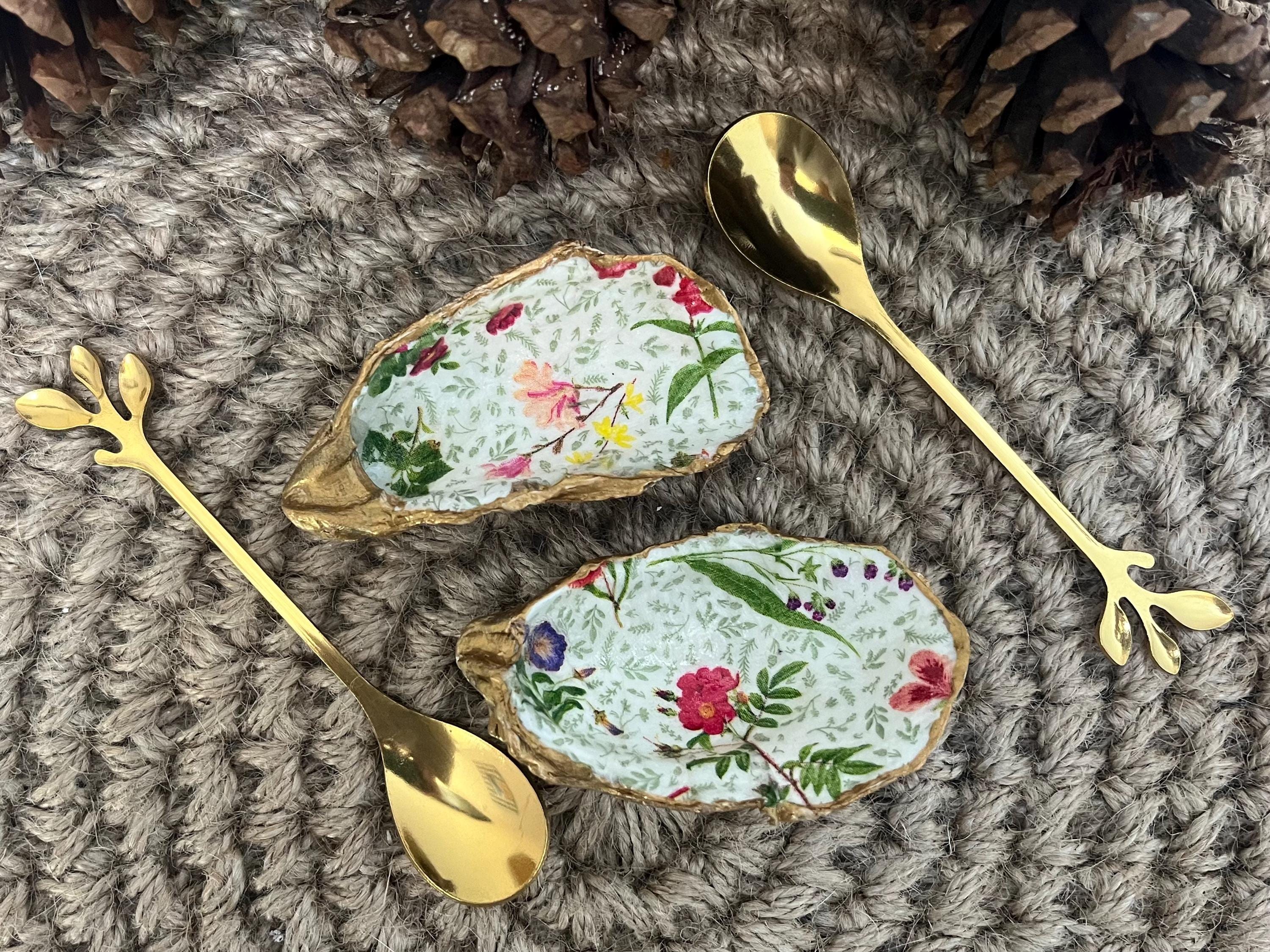 Oyster Shell Salt and Pepper Set With Spoons, Gilded and Decoupaged ...