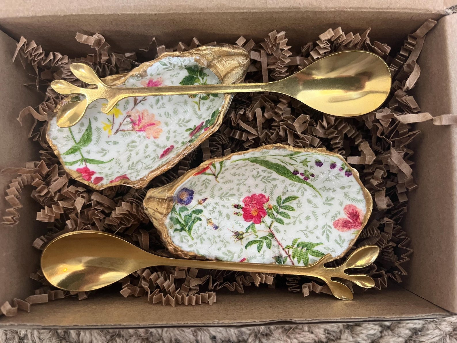 Oyster Shell Salt and Pepper Set With Spoons, Gilded and Decoupaged ...