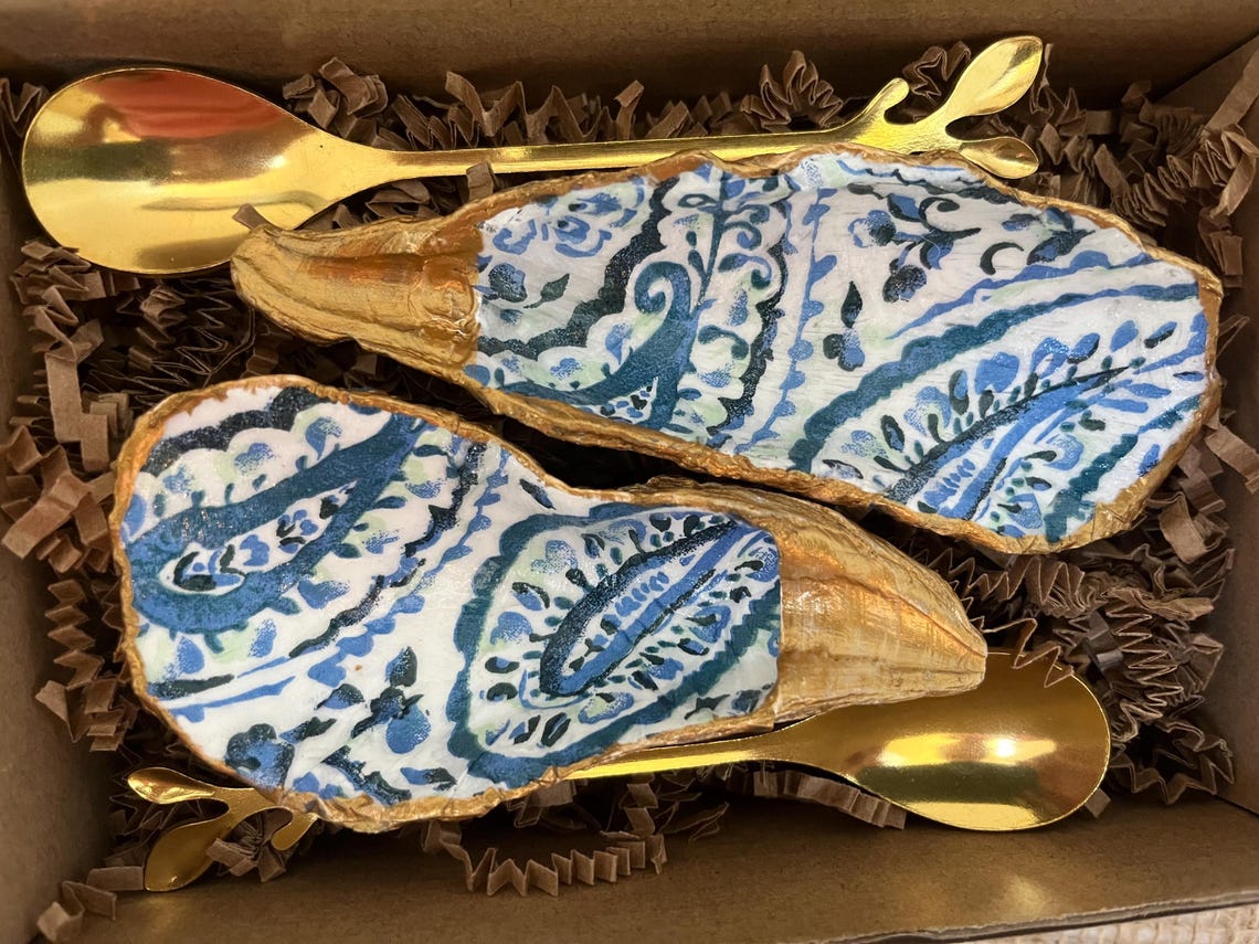 Oyster Shell Salt and Pepper Set With Spoons, Gilded and Decoupaged ...