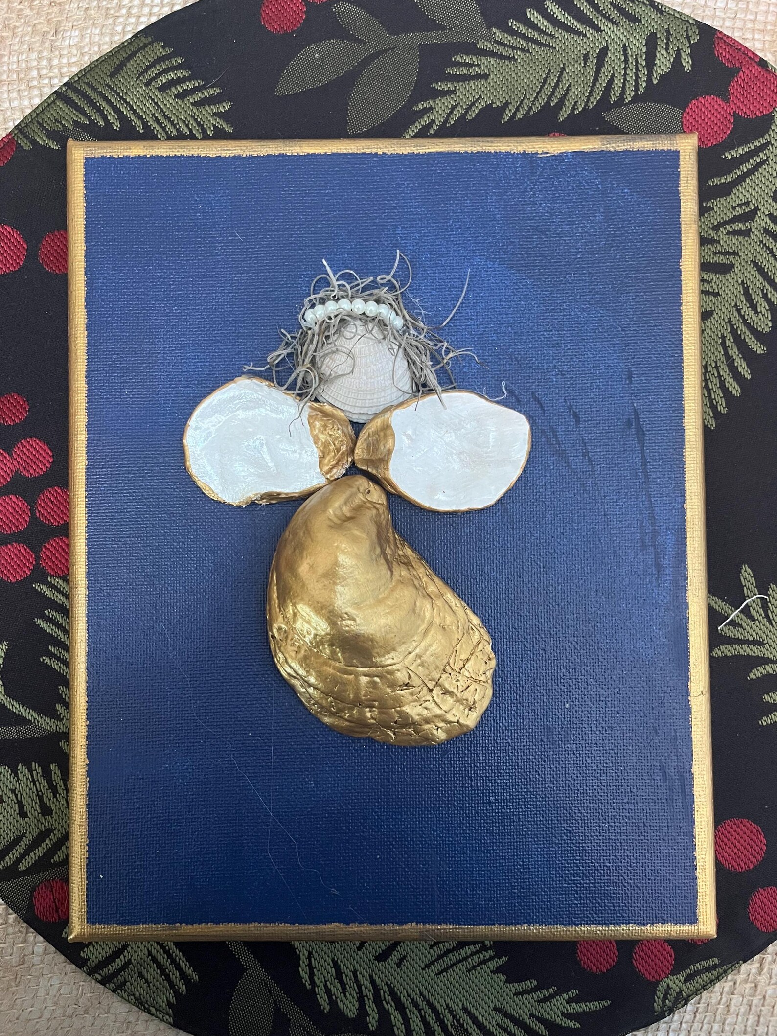 Oyster Shell Angel Mounted on an 8x10" Navy Canvas With a Gold Rim ...