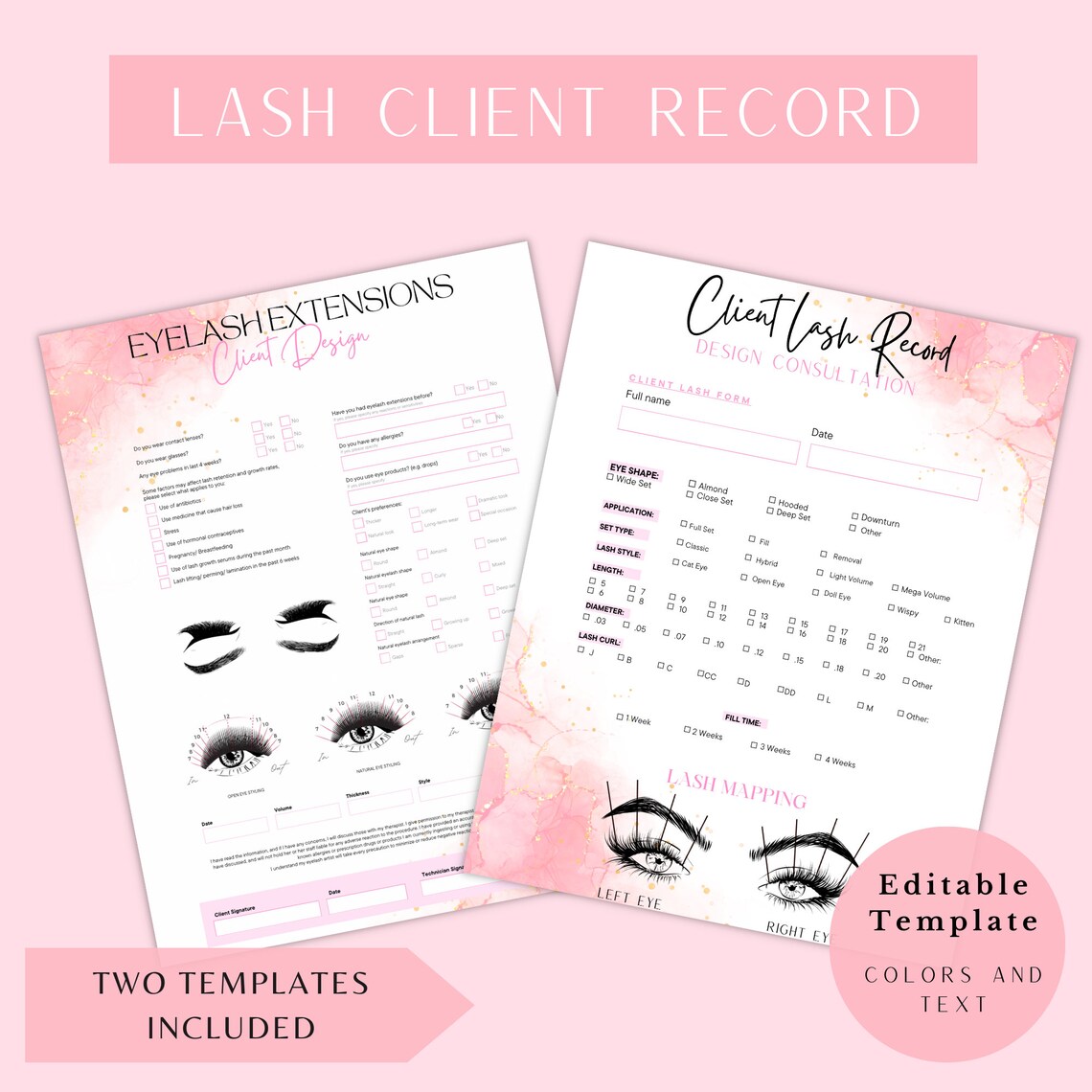 Lash Client Record Template, Editable Lash Mapping Printable Form ...