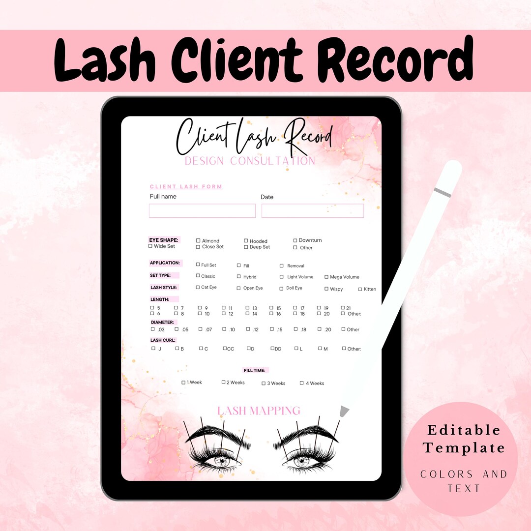 Lash Client Record Template, Editable Lash Mapping Printable Form ...