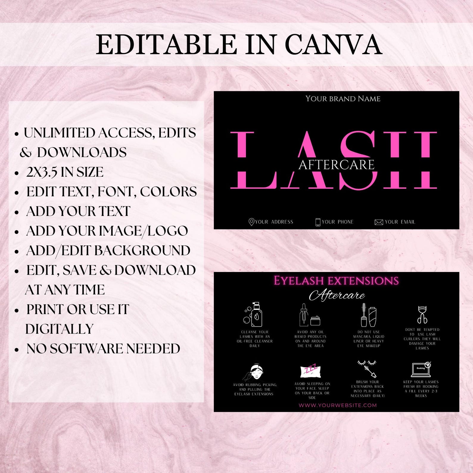 Lash Aftercare Card Template, Editable Lash Business Cards, Printable ...