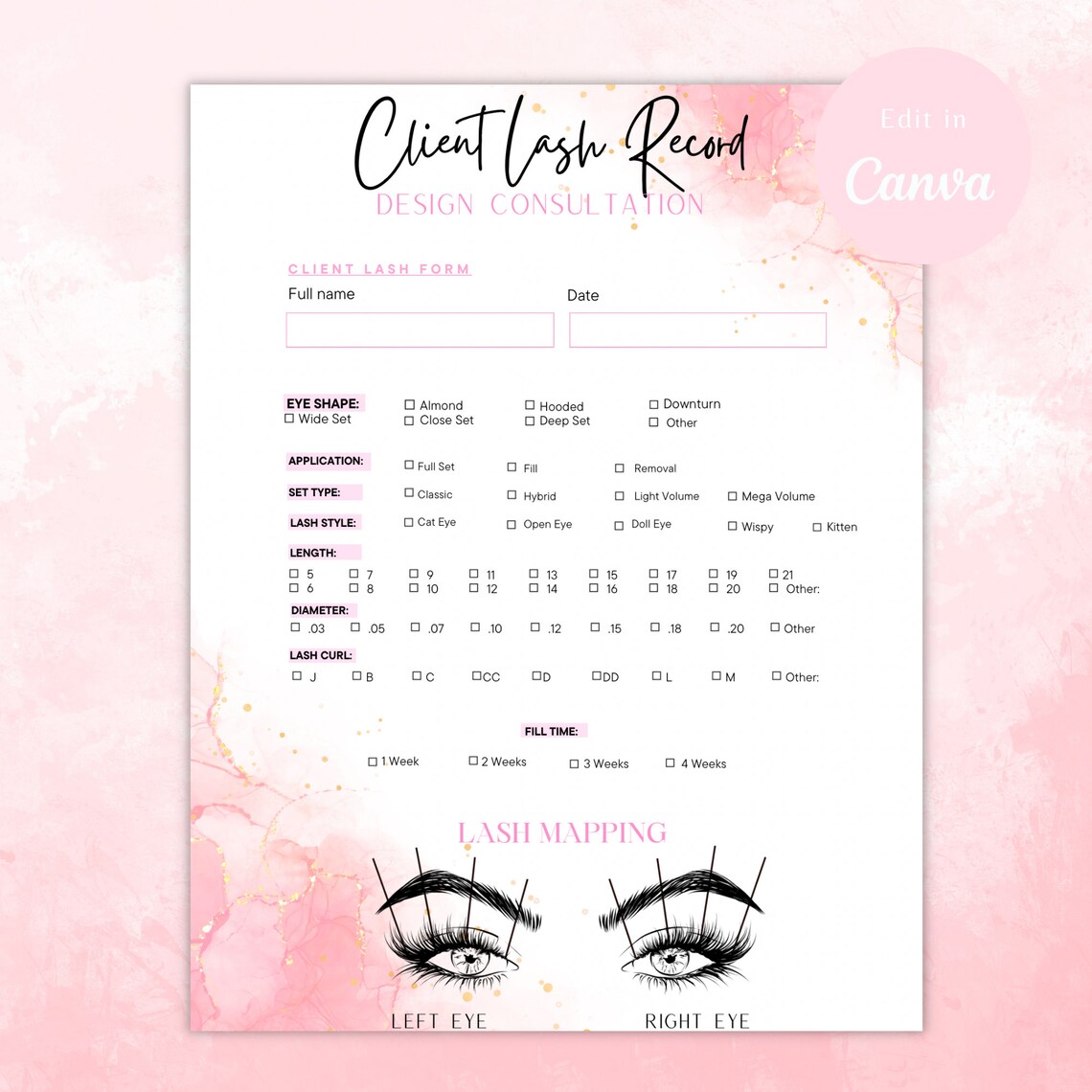 Lash Client Record Template, Editable Lash Mapping Printable Form ...