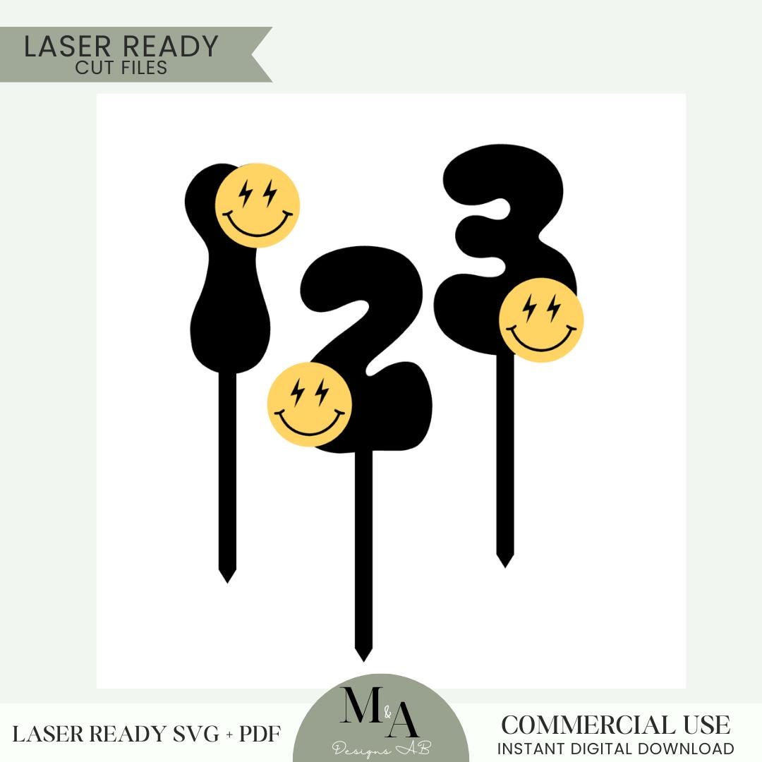 Retro Smiley Number Cake Topper Laser Ready File First Birthday Decor ...