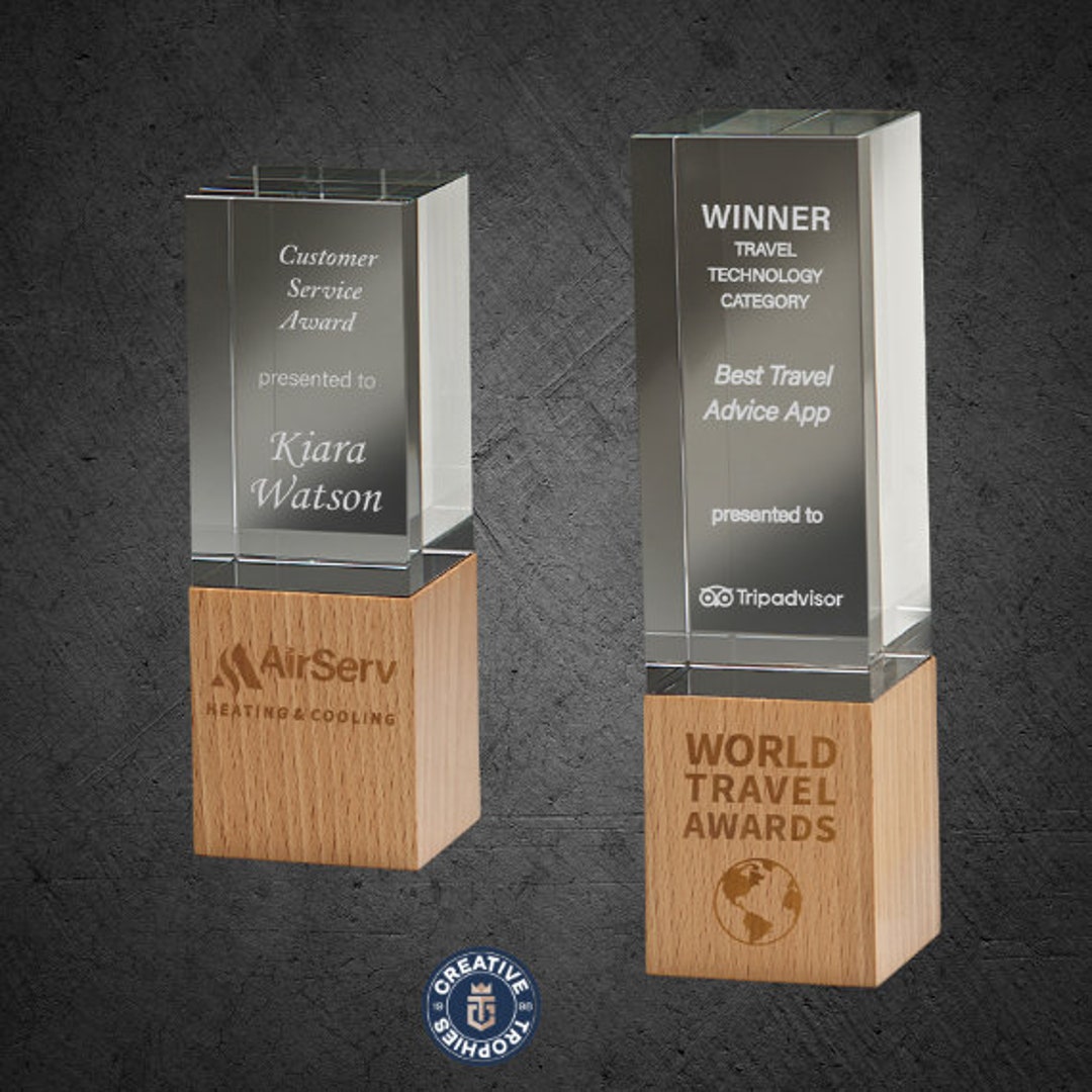 Personalised Wooden Crystal Trophy Award, Custom Glass Trophy, Employee ...