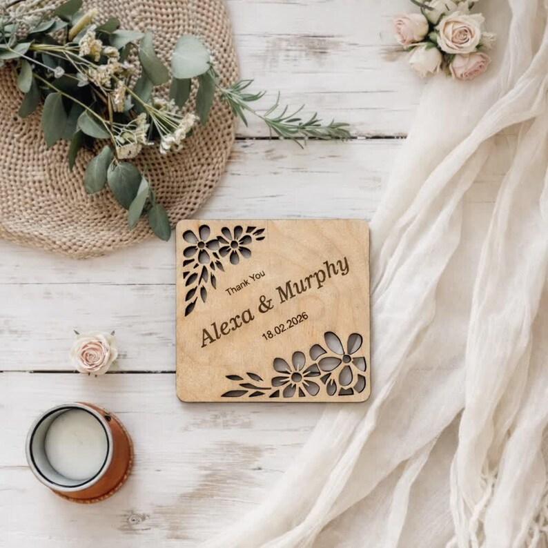 Custom Daisy Wedding Wooden Coasters, Personalized Laser Engraved Table ...