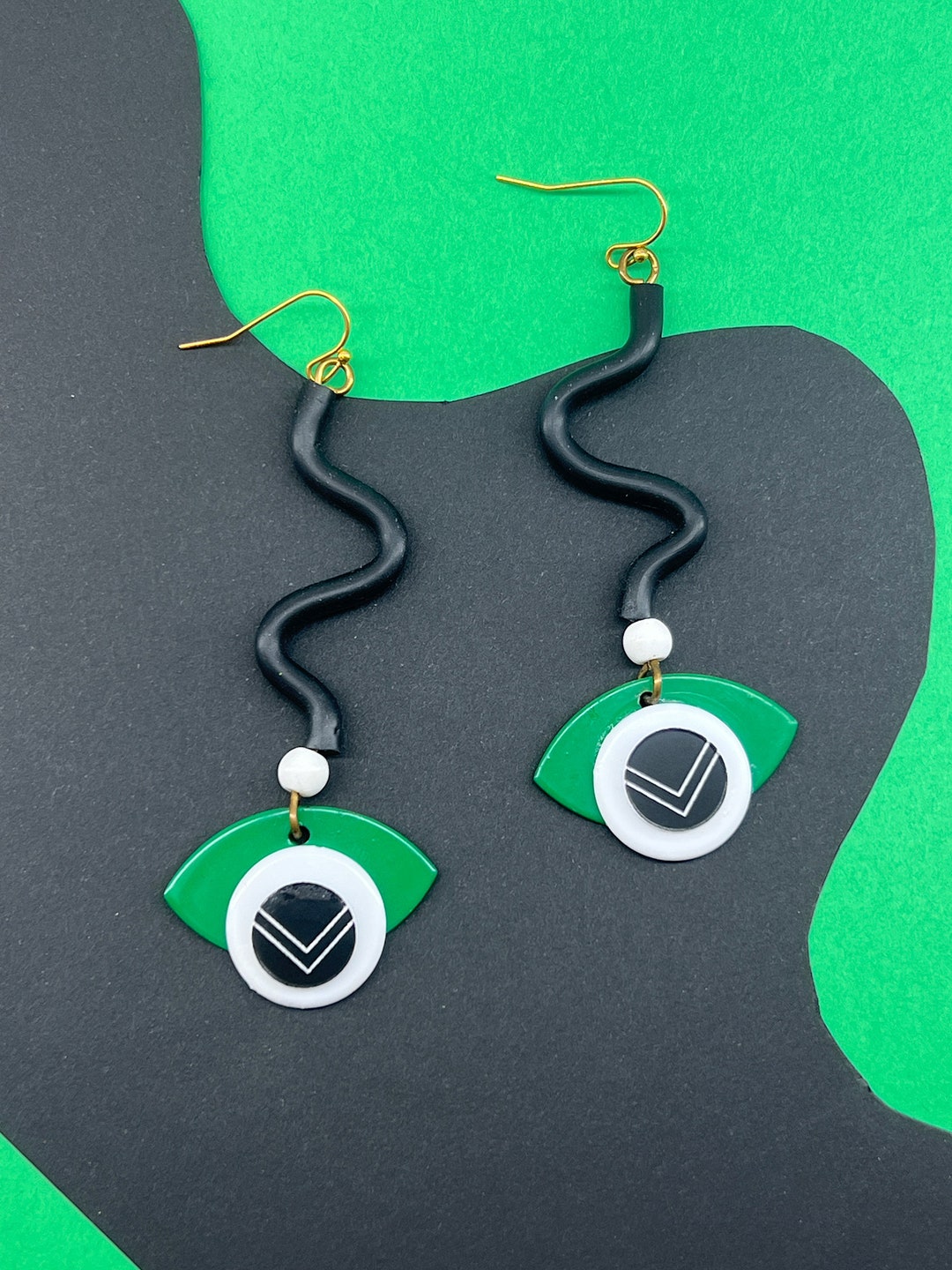 Green & Black Deco Eye Earrings - Etsy