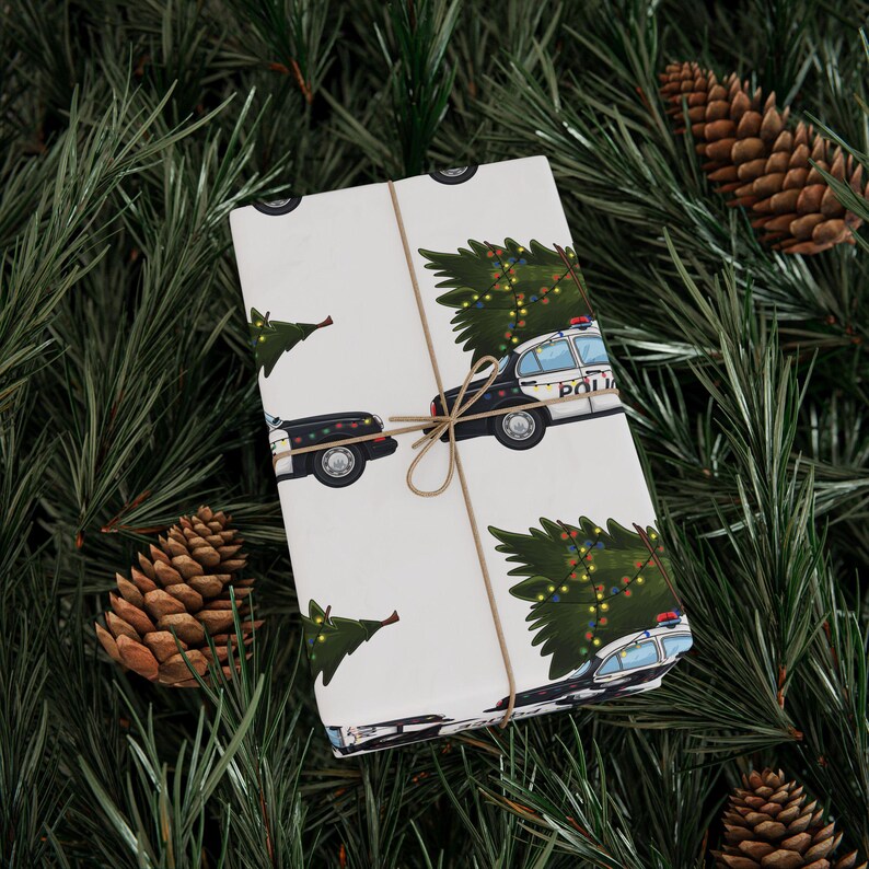Police Car With Christmas Tree Wrapping Paper,police Car Gift Wrap ...