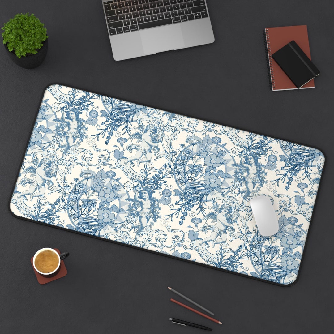 Blue Cherub Toile Desk Mat | Vintage Celestial Whimsical Angelic ...
