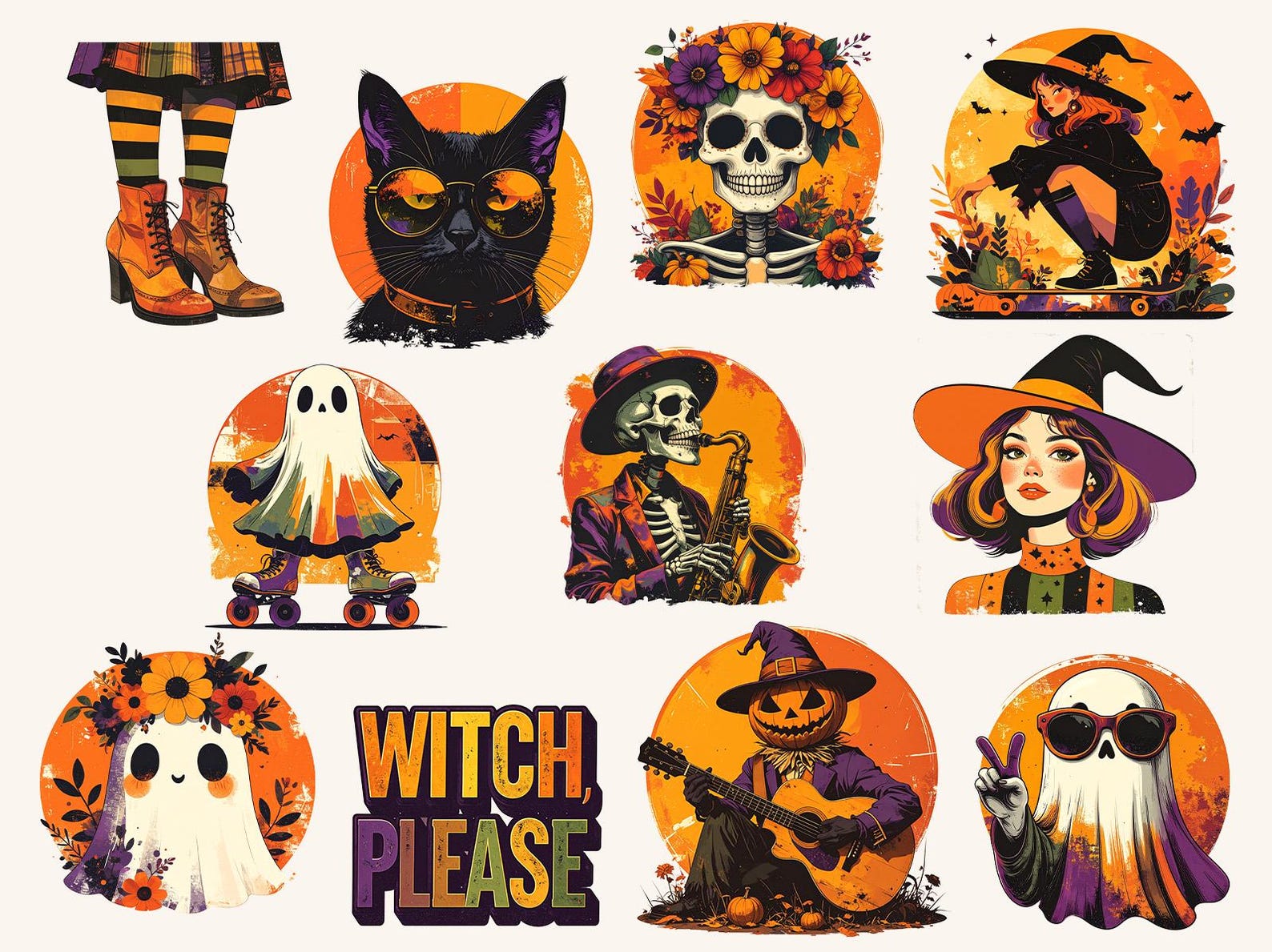 Retro Halloween PNG Clipart Bundle: 50 Groovy Vintage Graphics (digital ...