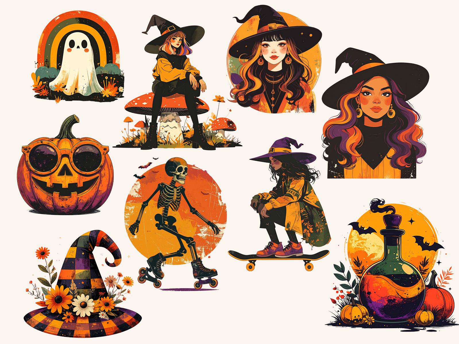 Retro Halloween PNG Clipart Bundle: 50 Groovy Vintage Graphics (digital ...