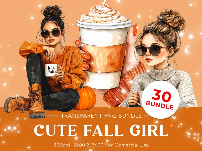 Cute Fall Girl PNG Watercolor Clipart Bundle | Autumn Pumpkin Spice ...