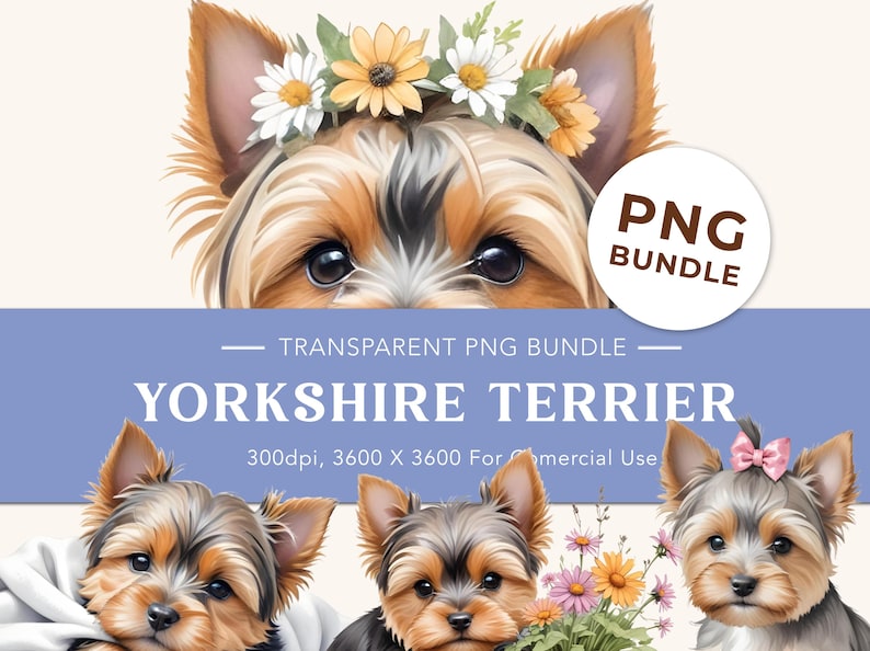 Watercolor Yorkshire Terrier Clipart | Puppy PNG Bundle (digital ...