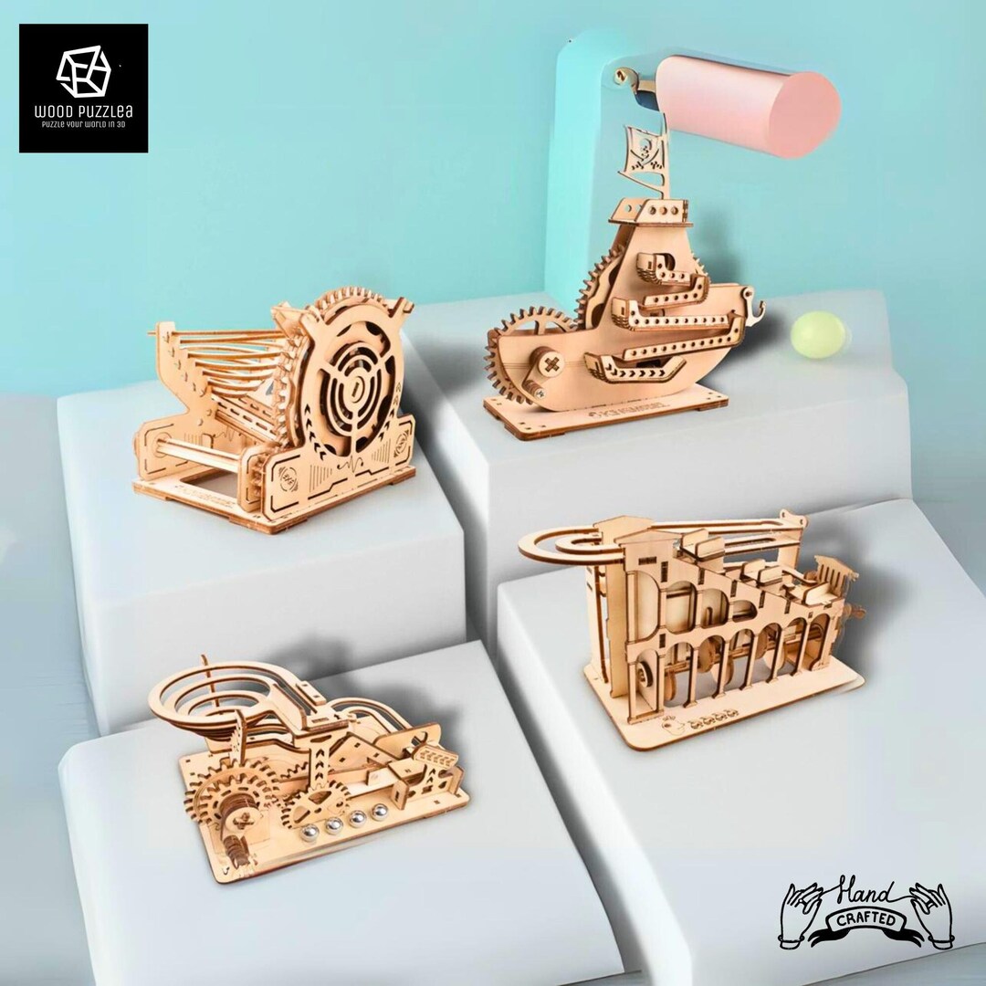 Marble Run 3D Wooden Puzzle, Pirate Ship Waterwheel Lift Slinger ...