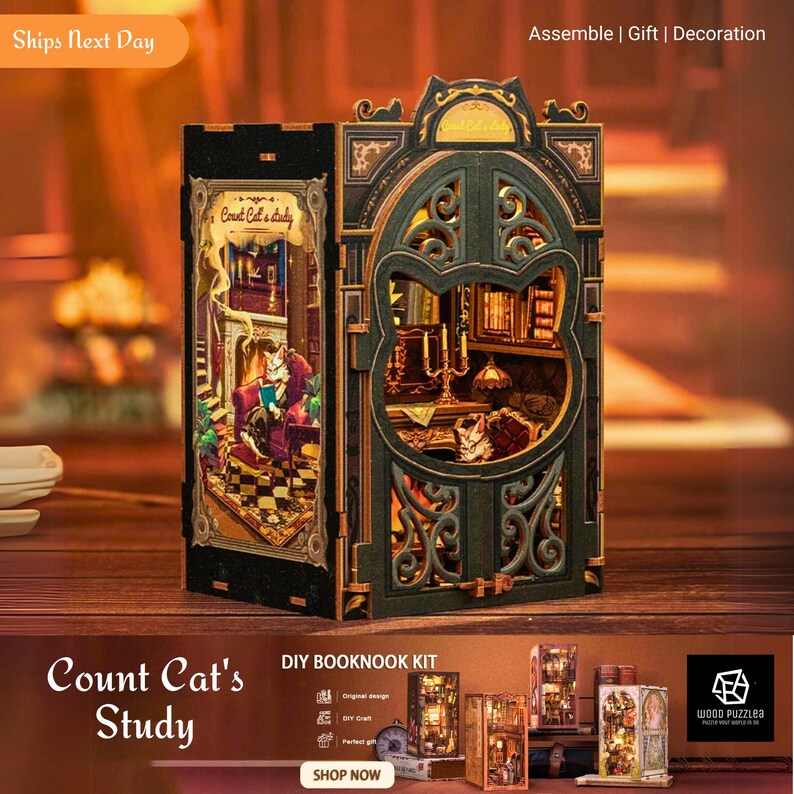Count Cat's Study Book Nook Doll House, Wooden 3D Puzzle With LED ...