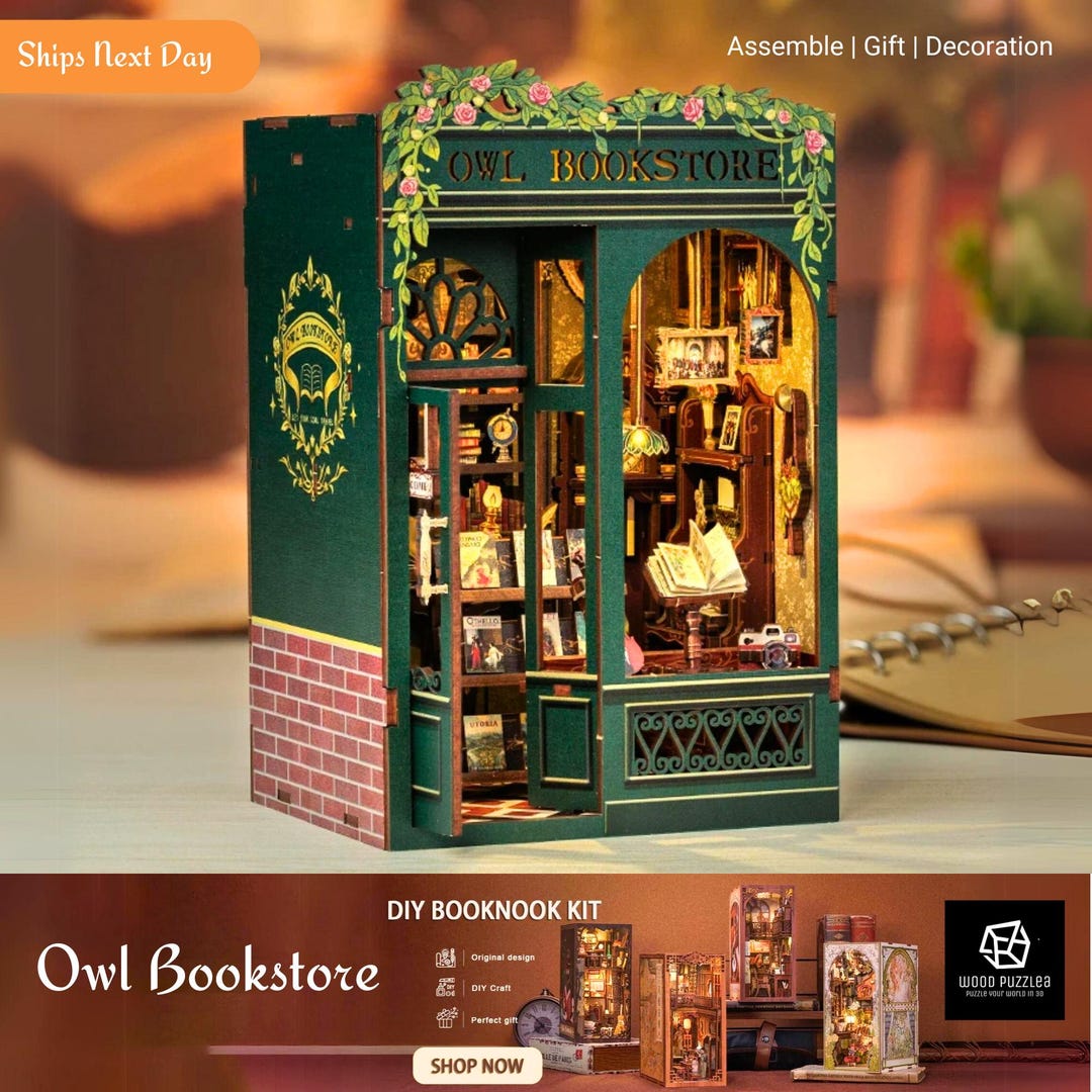 Owl Bookstore Book Nook Kit: 3D Wooden Puzzle Dollhouse With Lights - Etsy