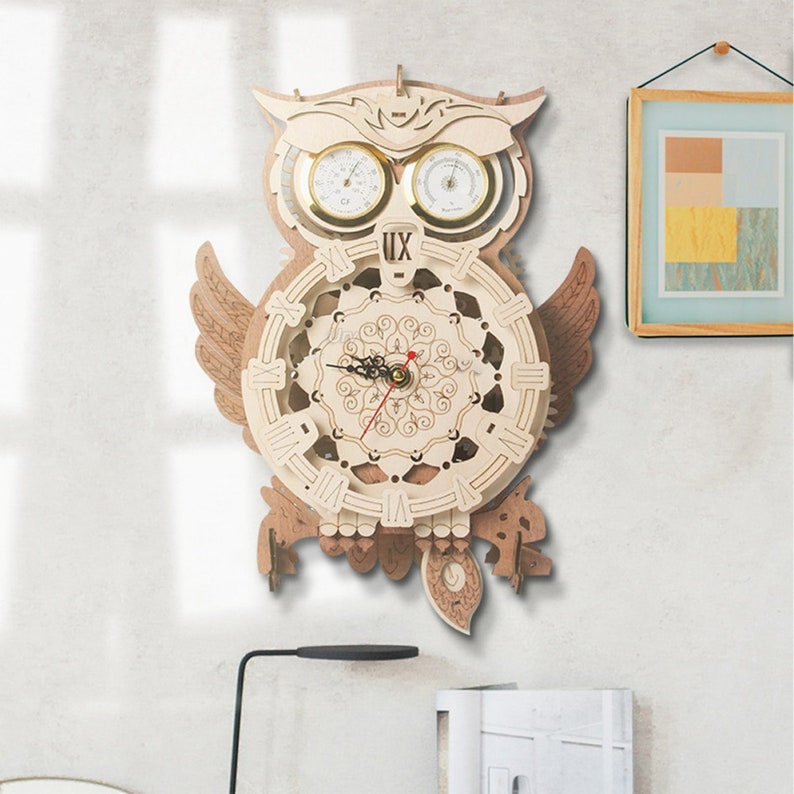 Owl Pendulum Clock, DIY Wooden 3D Puzzle, Mechanical Gear Retro Wall ...