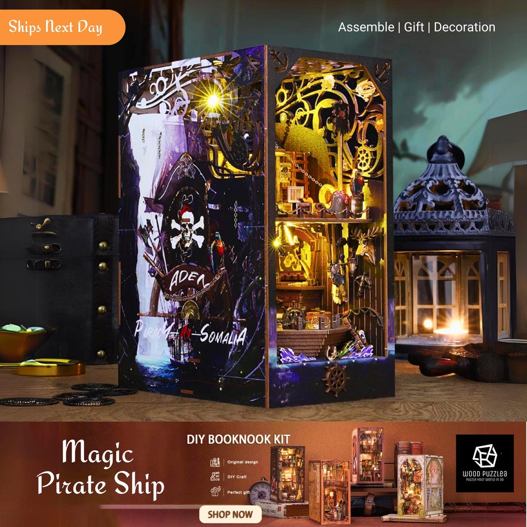 Pirate Ship Book Nook Kit: Wooden 3D Puzzle Dollhouse With LED Lights ...