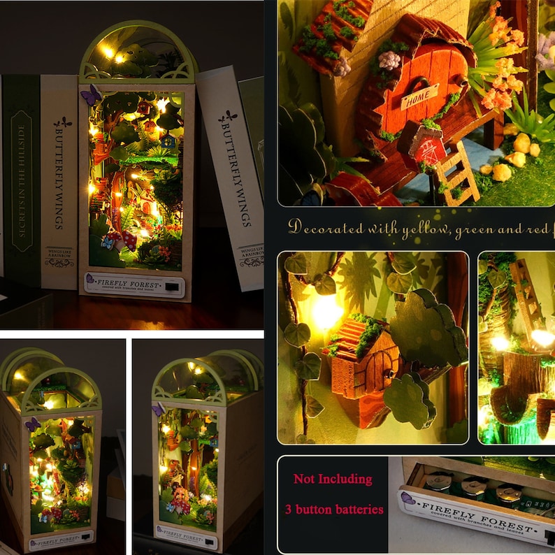 Firefly Forest DIY Book Nook Insert Kit Book Stand, Wooden Tiny House Miniature Fairy Town ...