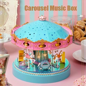 Wooden Carousel Music Box With Colorful Lights, Miniature Dollhouse Kit ...