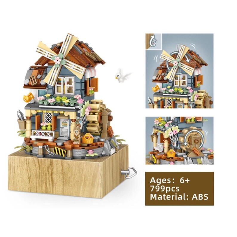 Mini Windmill Castle Music Box, DIY Vintage Spinning Windmill House, Building Blocks Toys Decor ...